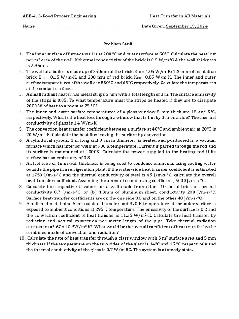 Problem Set 1 Heat Transfer | PDF