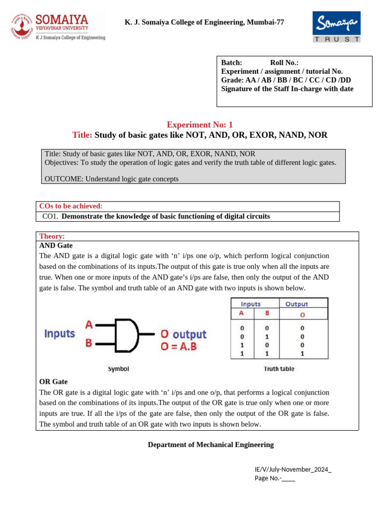 Experiment 1 Study of Basic Gates | PDF