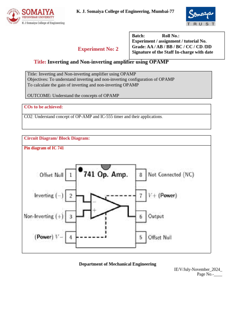 Experiment - 2 - Inverting and Non-Inverting Amplifier Using OPAMP ...
