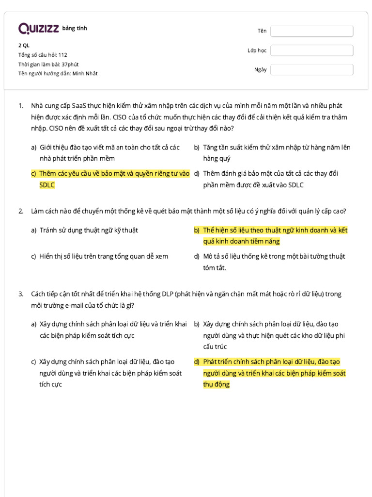 2 QL - Quizizz - Chuẩn | PDF