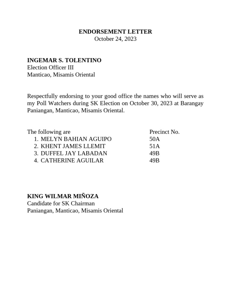 Endorsement Letter For Poll Wathcer SK | PDF