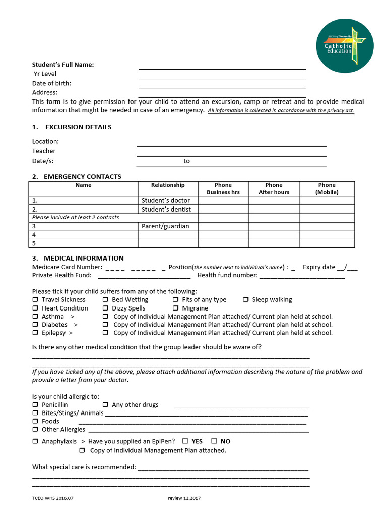 School Camp Consent and Medical Form Including Administration of ...