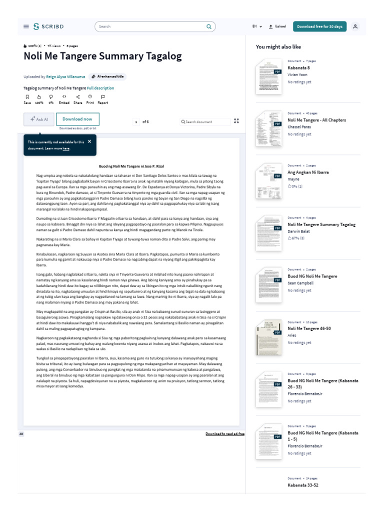 WWW Scribd Com Document 660286799 Noli Me Tangere Summary Tagalog | PDF