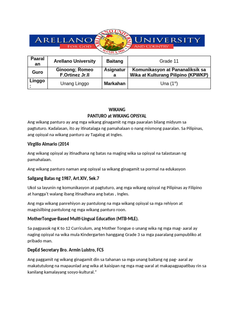 Wikang Panturo at Wikang Opisyal | PDF