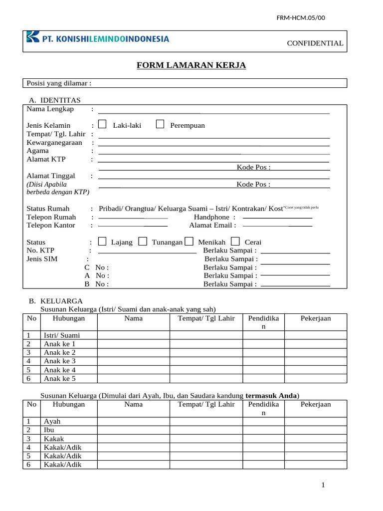 FRM-HCM 05 Form Lamaran Kerja (FLK) KLI | PDF