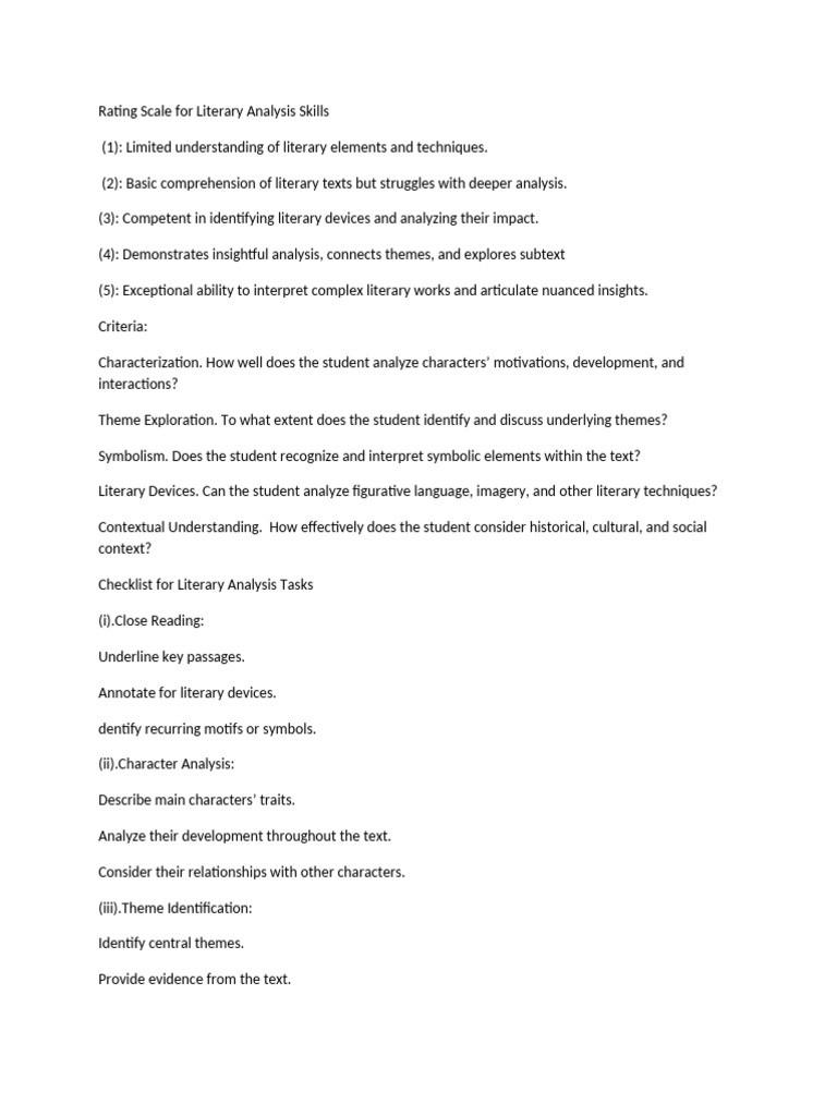 Literary Analysis Skills Rating Scale | PDF
