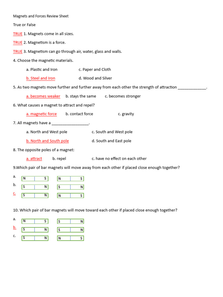 Magnets and Forces Review Sheet | PDF