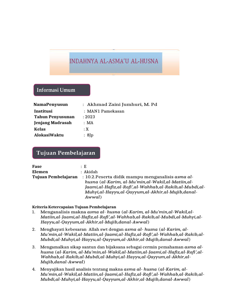 MODUL AJAR 1 Bab Asmaul Husna X-Ganjil KurMer | PDF