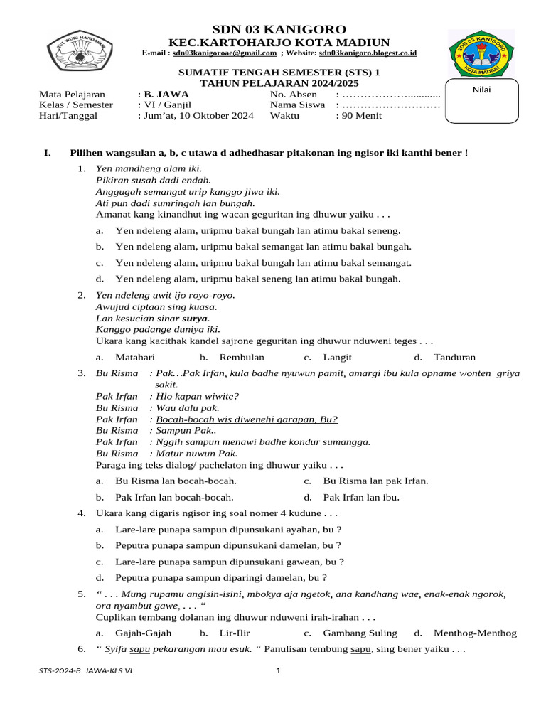 STS Kelas 6 B.JAWA 2024 Smt.1 | PDF