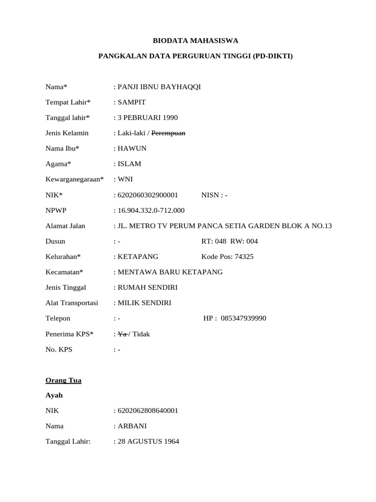 Form-Biodata Mahasiswa Sesuai Format DIKTI | PDF