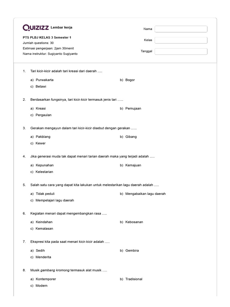 PTS PLBJ KELAS 3 Semester 1 - Quizizz | PDF