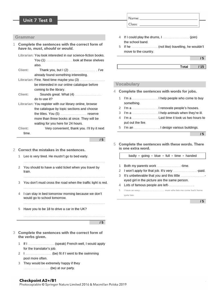 Lena Rogowska - Checkpoint A2+ B1 Unit 7 Test B | PDF