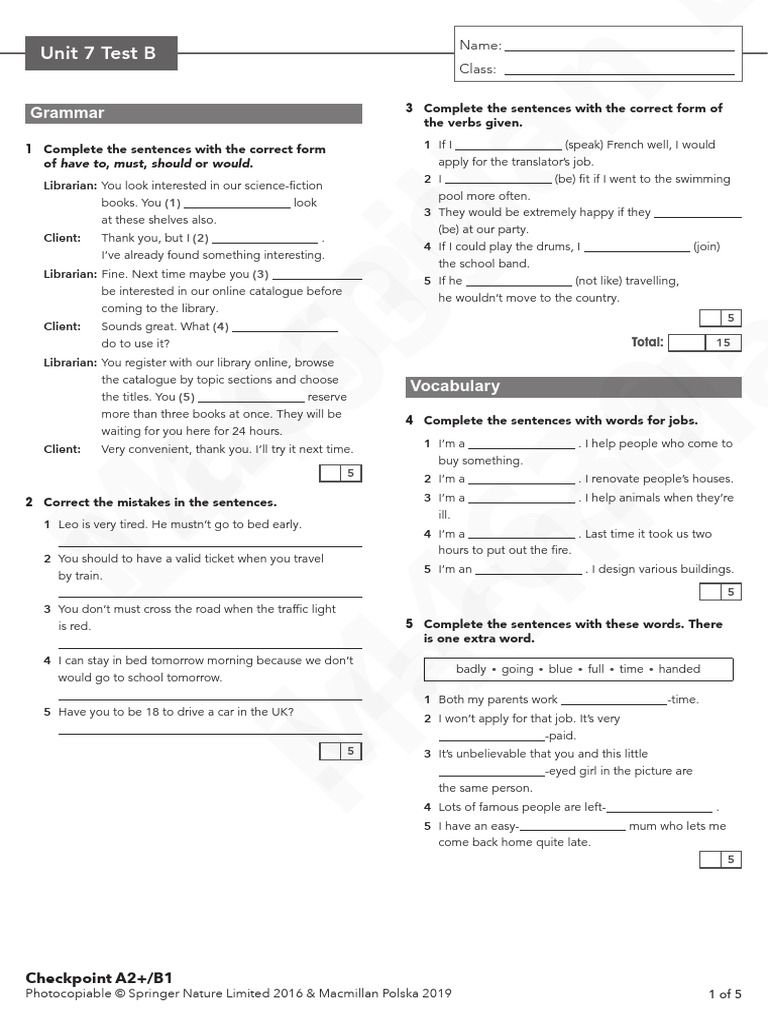 Checkpoint A2+ B1 Unit 7 Test B | PDF