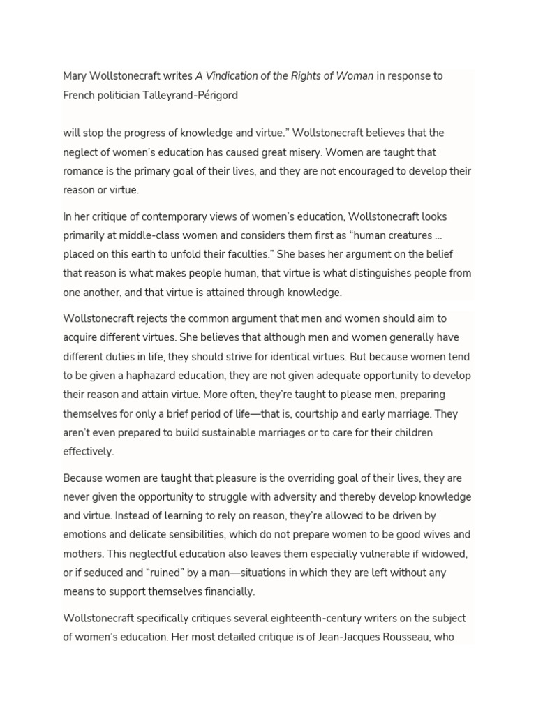 Complete Summary of A Vindication of The Rights of Women | PDF