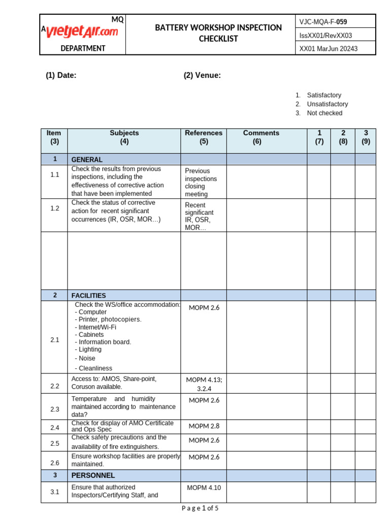 Revise VJC-MQA-F-059 Battery Workshop Inspection Checklist - MAR 2024 | PDF