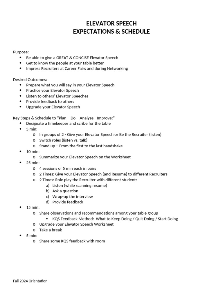 Elevator Speech Expectations Worksheet | PDF