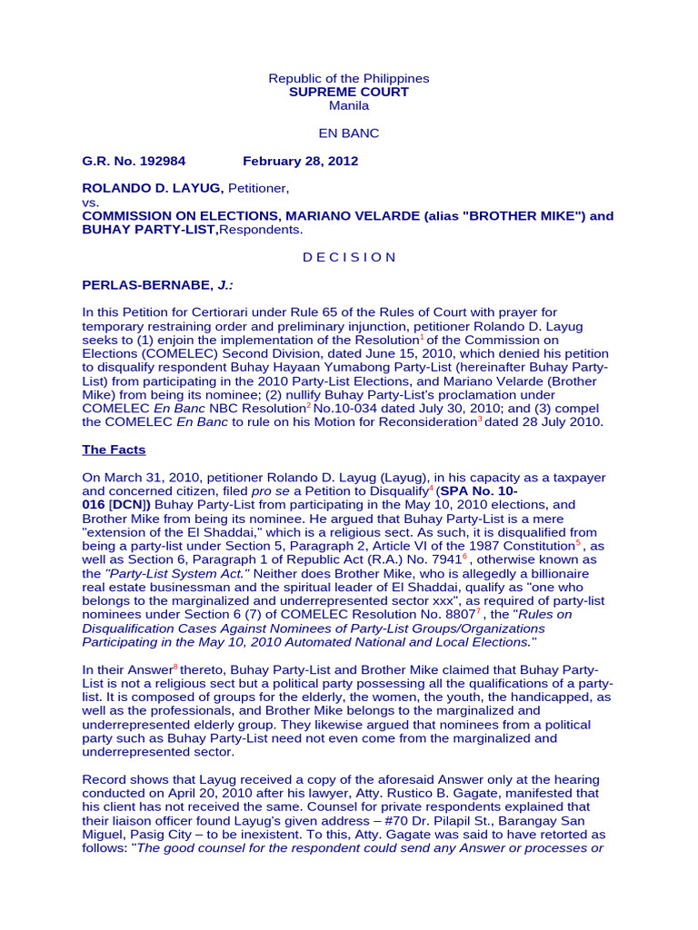 Layug Vs Comelec G.R. No. 192984 | PDF | Mandamus | Separation Of Powers