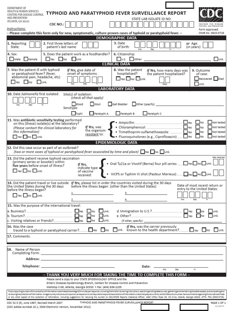 Typhi Surveillance Form | PDF