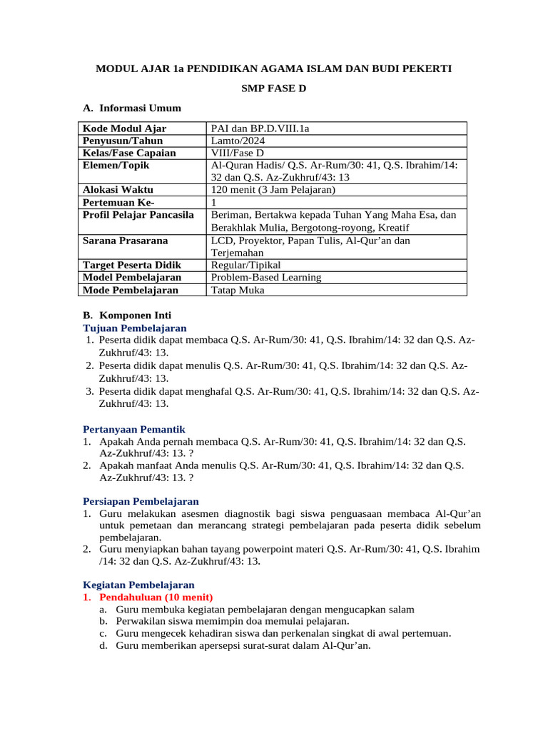 Modul Ajar Pai Dan BP SMP Kelas Viii Bab 1 | PDF