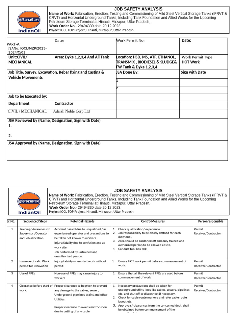 JSA 01 Excavation, Rebar, Casting, Vehicle Movment | PDF