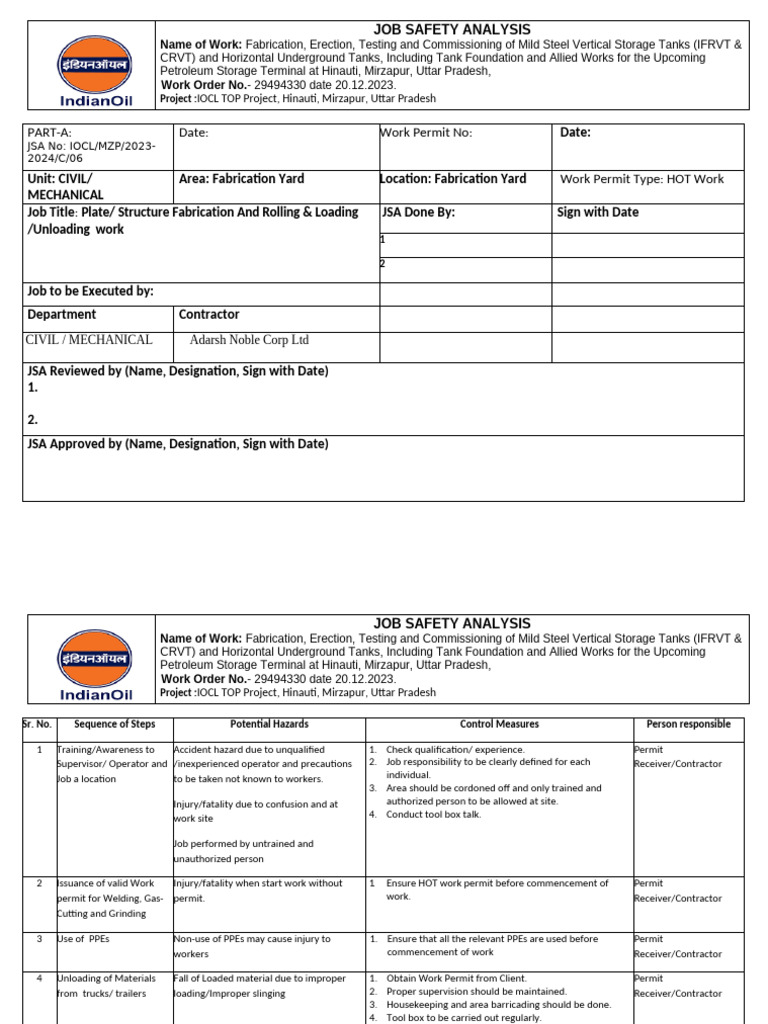 JSA 06 Welding, Gas Cutting, Grinding & Lifting and Shifting | PDF