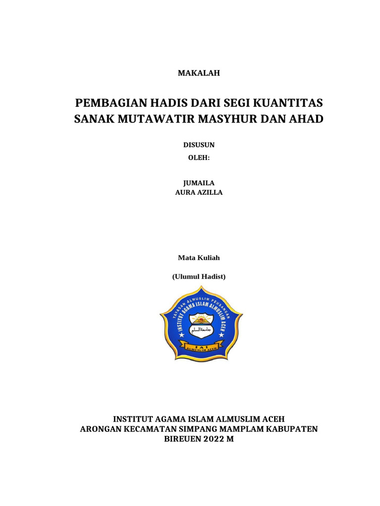 Pembagian Hadis Dari Segi Kuantitas Sanak Mutawatir Masyhur Dan Ahad | PDF