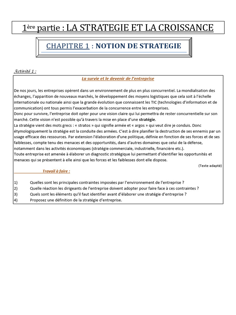 Chapitre 1 Notion de Stratégie | PDF