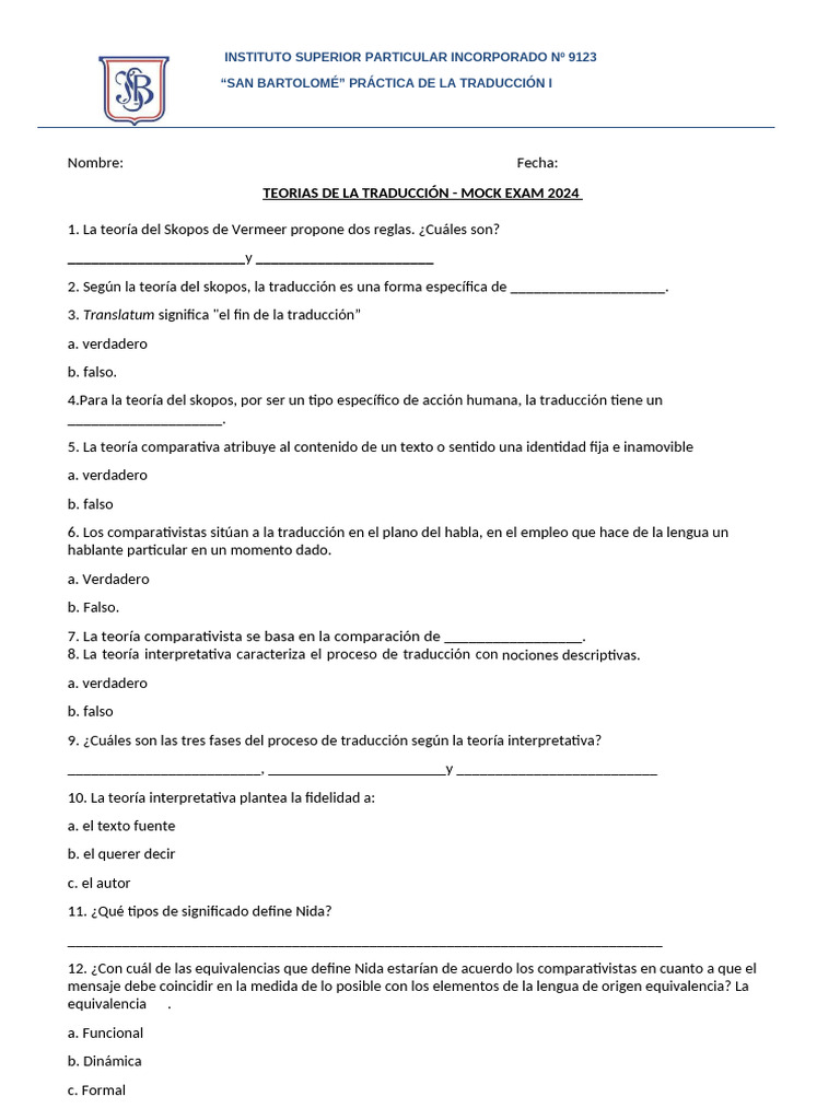 Teorias de La Traduccion - Mock Exam 2024 | PDF