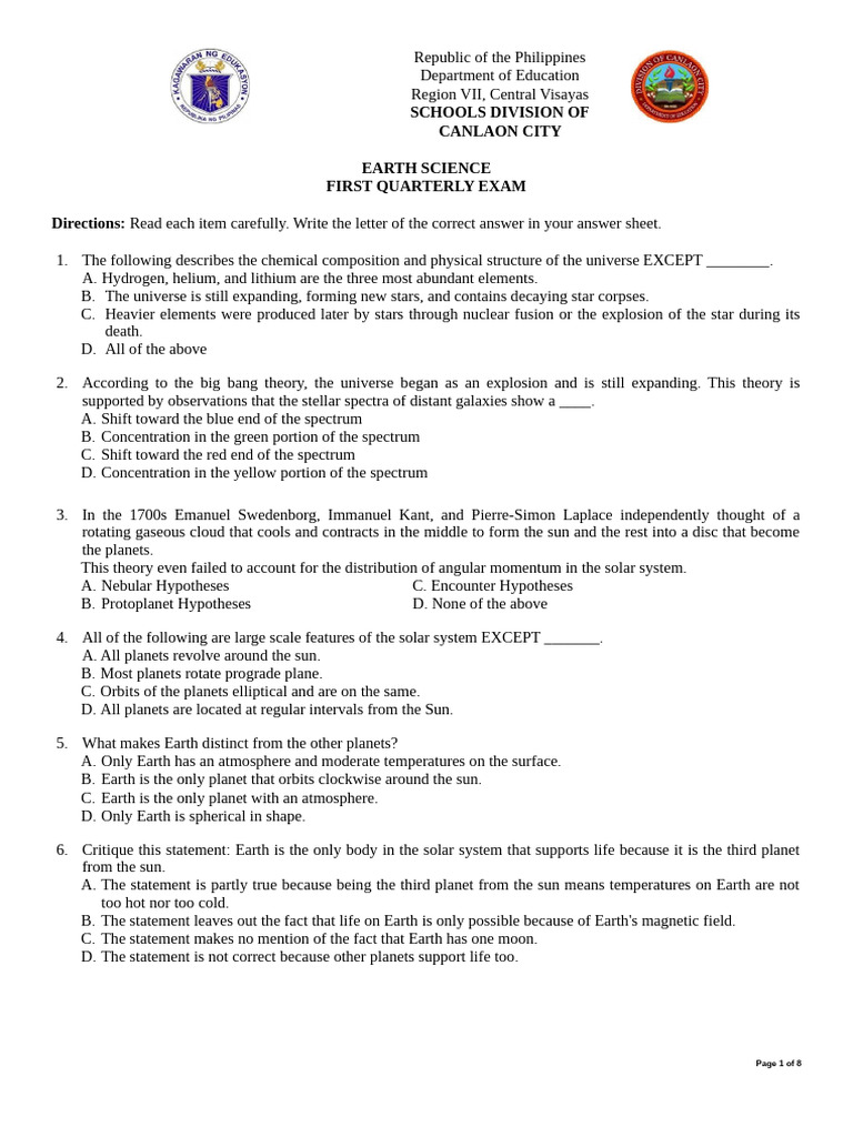 Stem Earth Science Q1 TQ | PDF