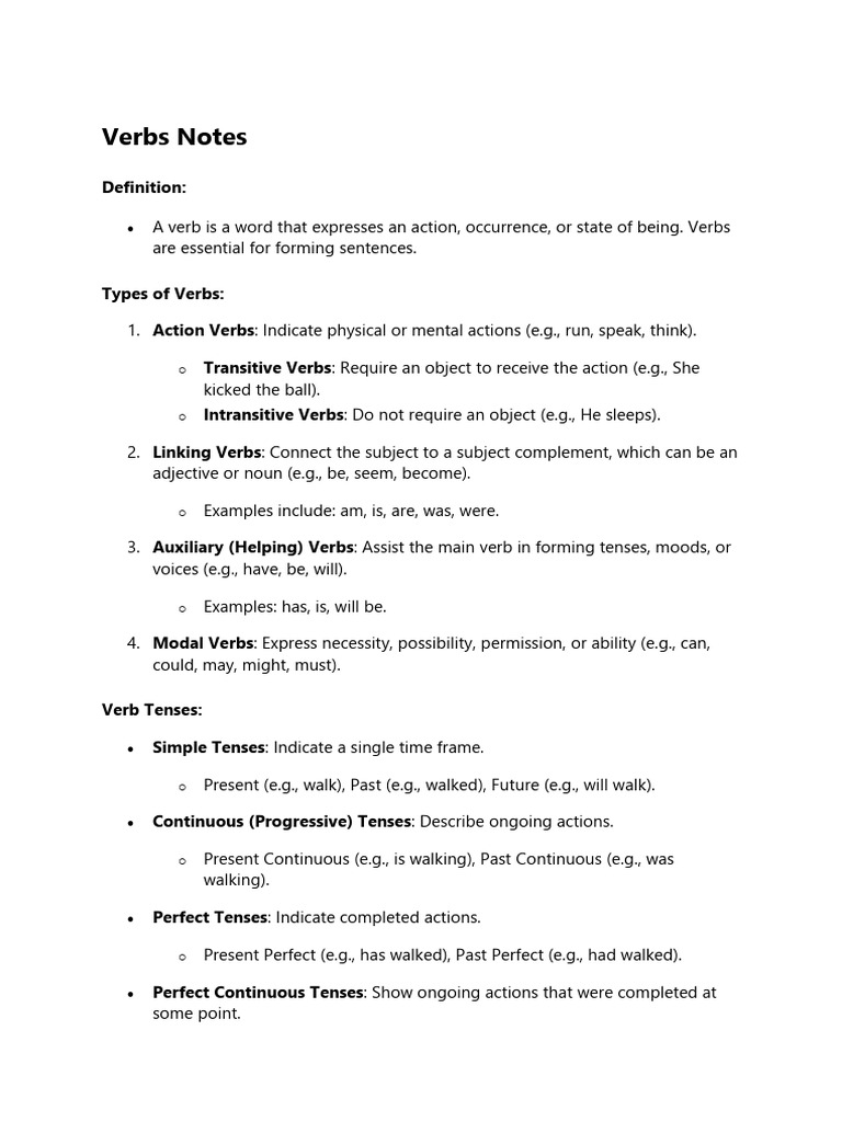 Verbs Notes | PDF | Verb | Language Arts & Discipline