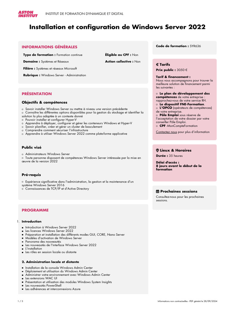 Installation Et Configuration de Windows Server 2022 Syr636 Aston | PDF