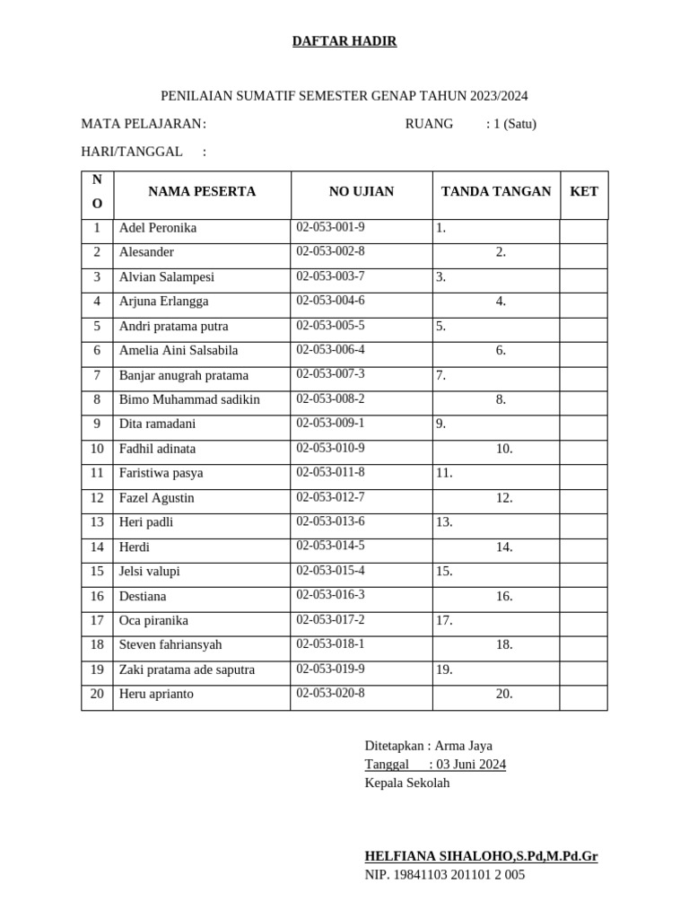Daftar Hadir Ujian Semester Genap 2023/2024 | PDF