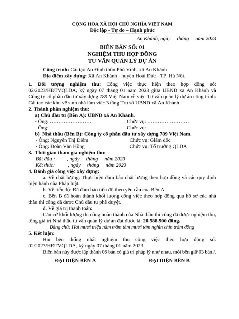 Bien Ban Nghiem Thu Qlda Nha 3 Tang | PDF