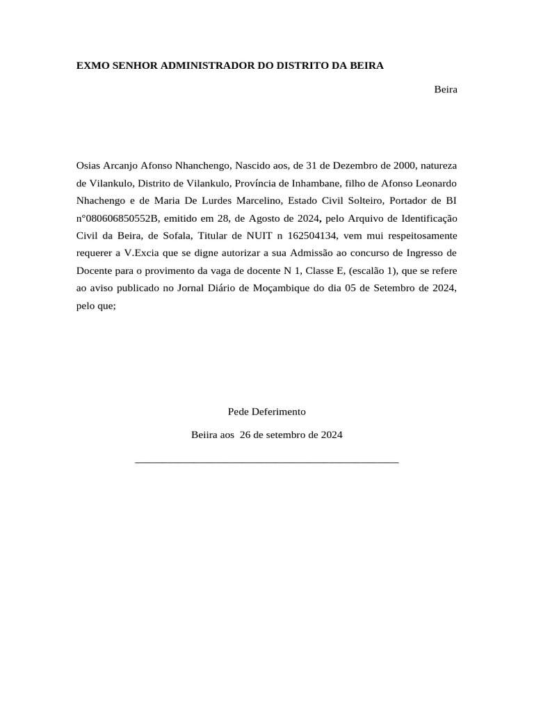Exmo Senhor Administrador Do Distrito Da Beira | PDF