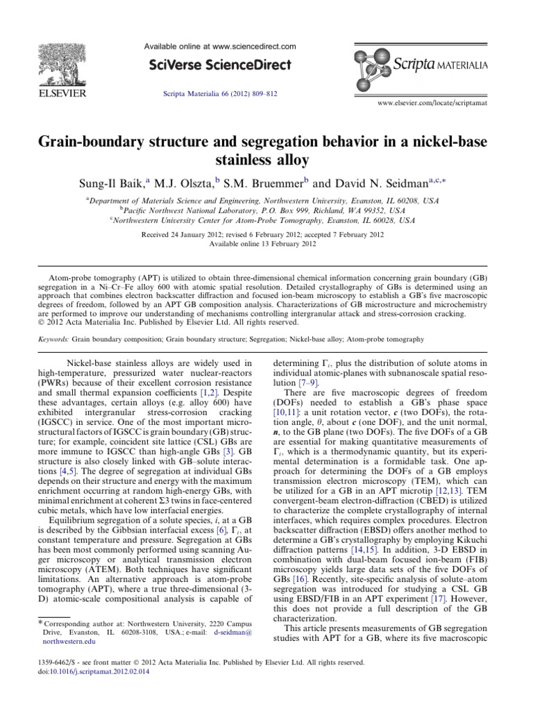 2012 Grain-Boundary Structure and Segregation Behavior in A Nickel-Base ...
