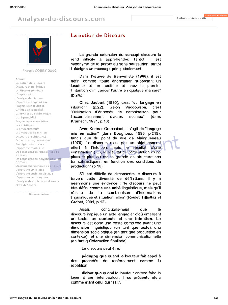 La Notion de Discours | PDF