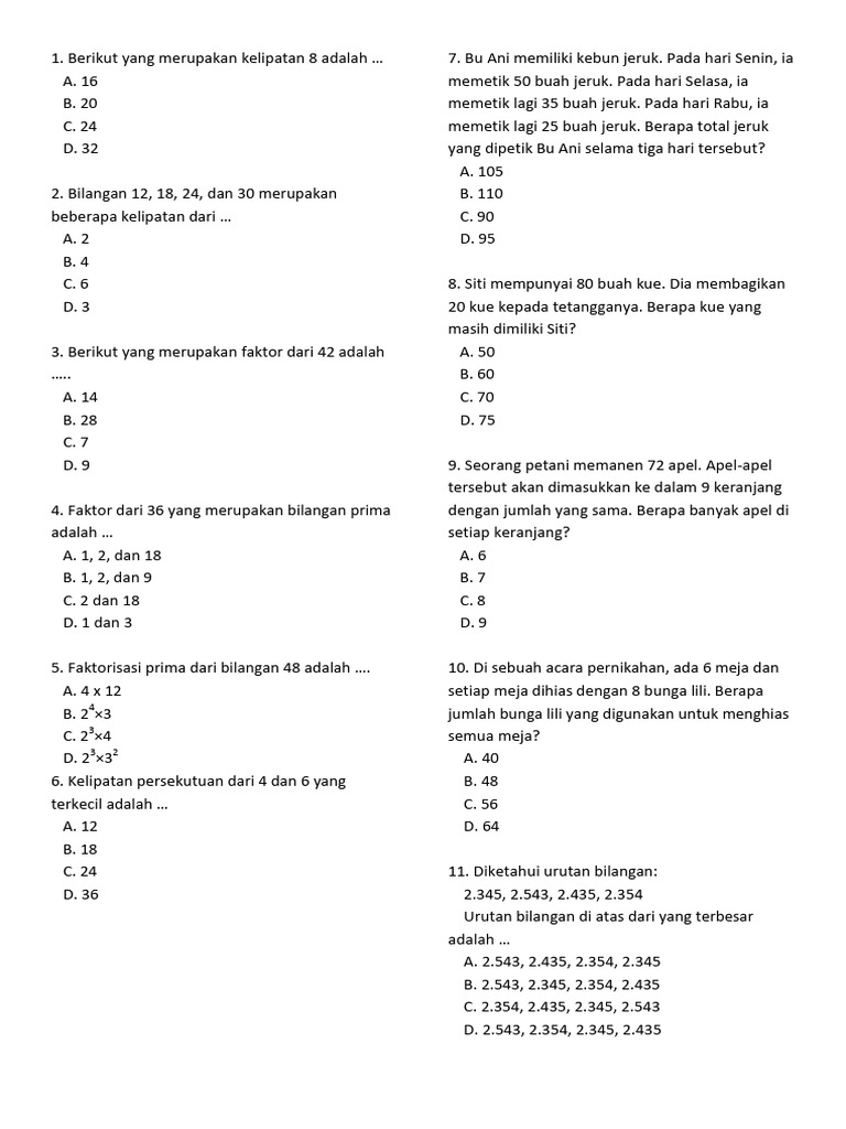 Soal Latihan MTK Kelas 4 - Part 2 | PDF