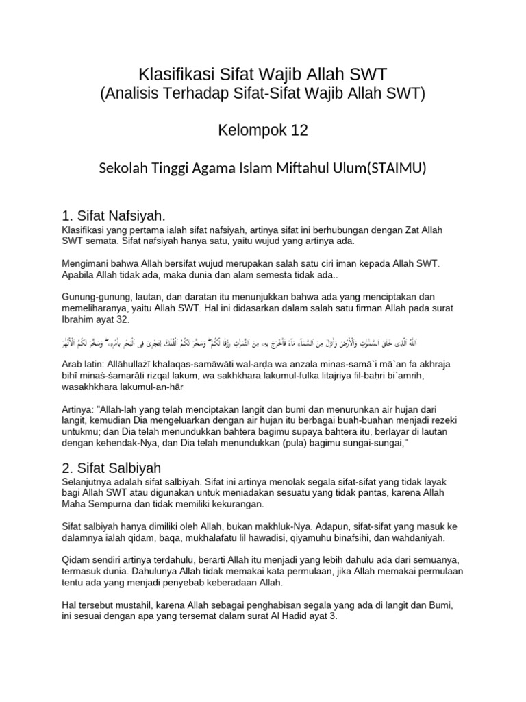 Klasifikasi Sifat Wajib Allah SWT | PDF
