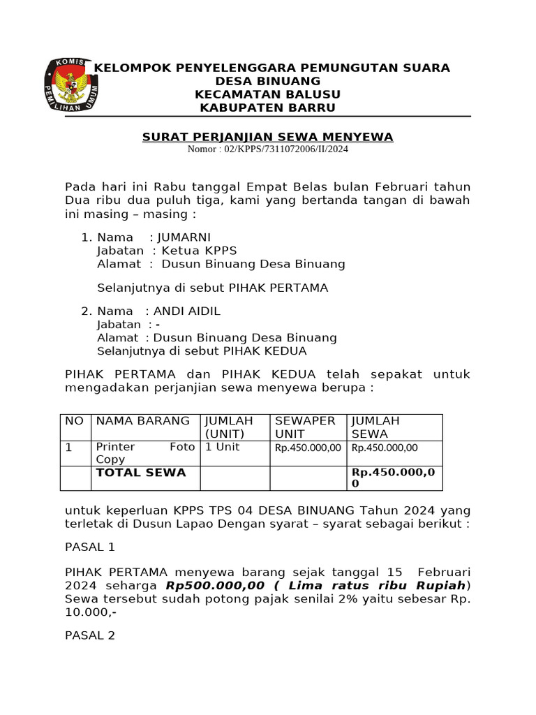 Surat Perjanjian Sewa Sewa TPS 07 | PDF