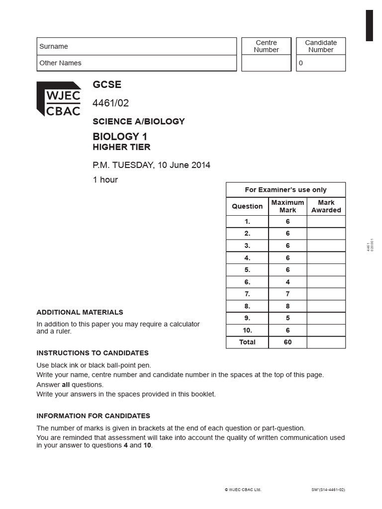 June 2014 QP - Unit 1 (H) Wjec Biology Gcse | PDF