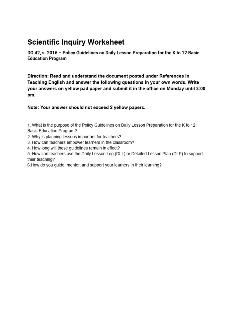 Scientific Inquiry Worksheet | PDF