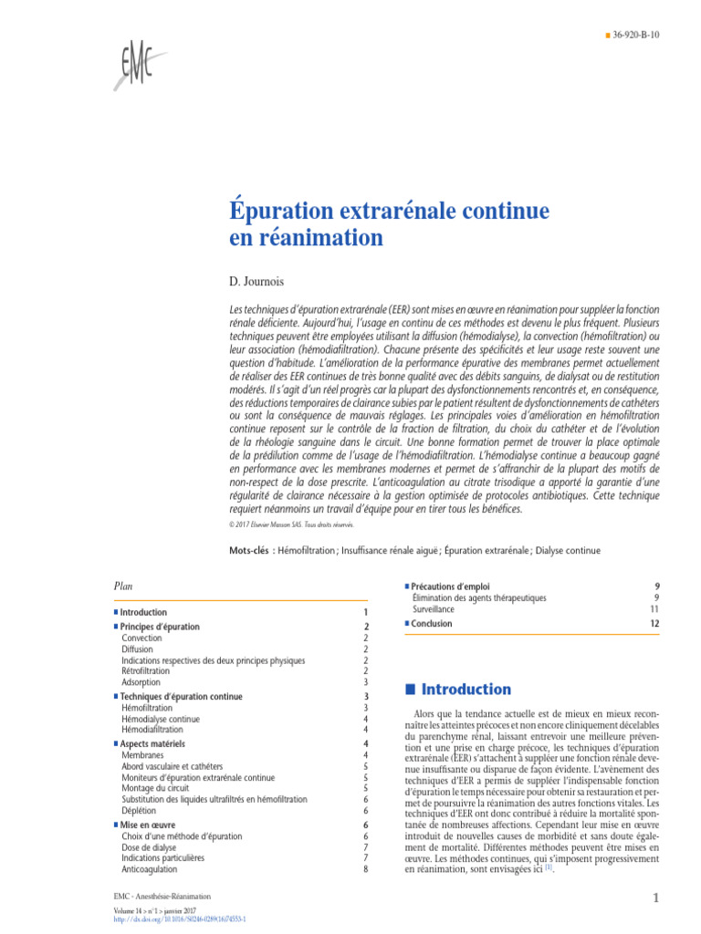 Épuration Extrarénale Continue en Réanimation | PDF