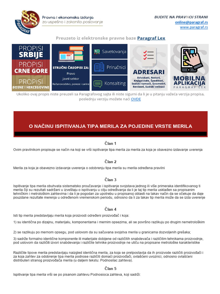 Pravilnik o Nacinu Ispitivanja Tipa Merila Za Pojedine Vrste Merila | PDF