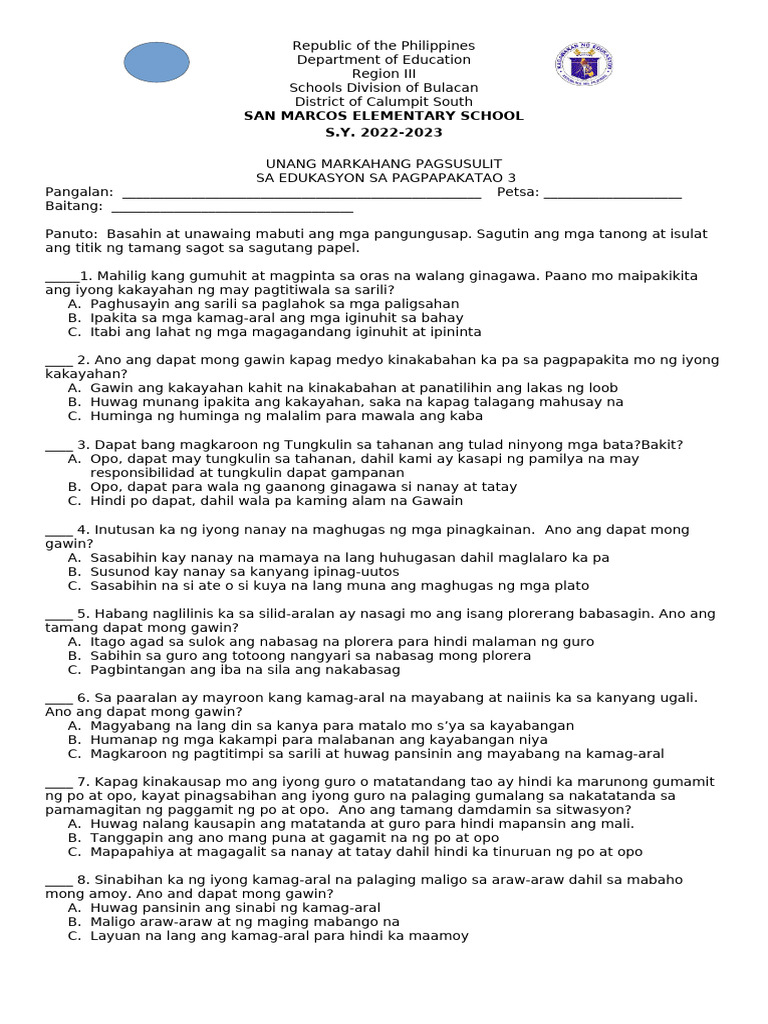 1ST Quarterly Test Esp With Tos | PDF