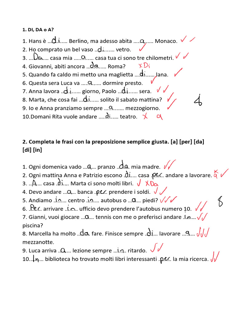 ITA M 10 Esercizi Preposizioni Semplici | PDF