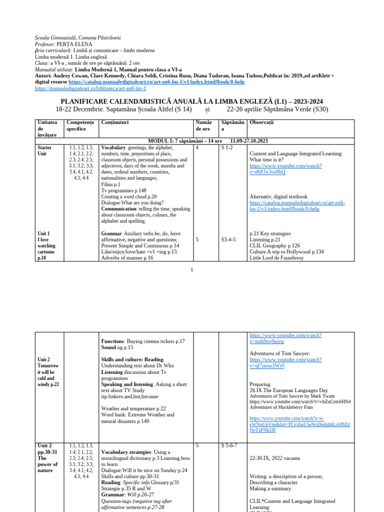 Planificare Clasa A Vi-A | PDF