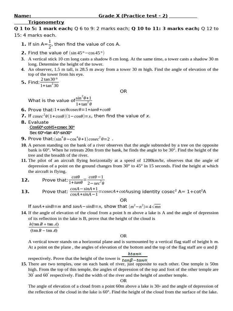 Grade 10 CH 8 9 Trigonometry Test | PDF