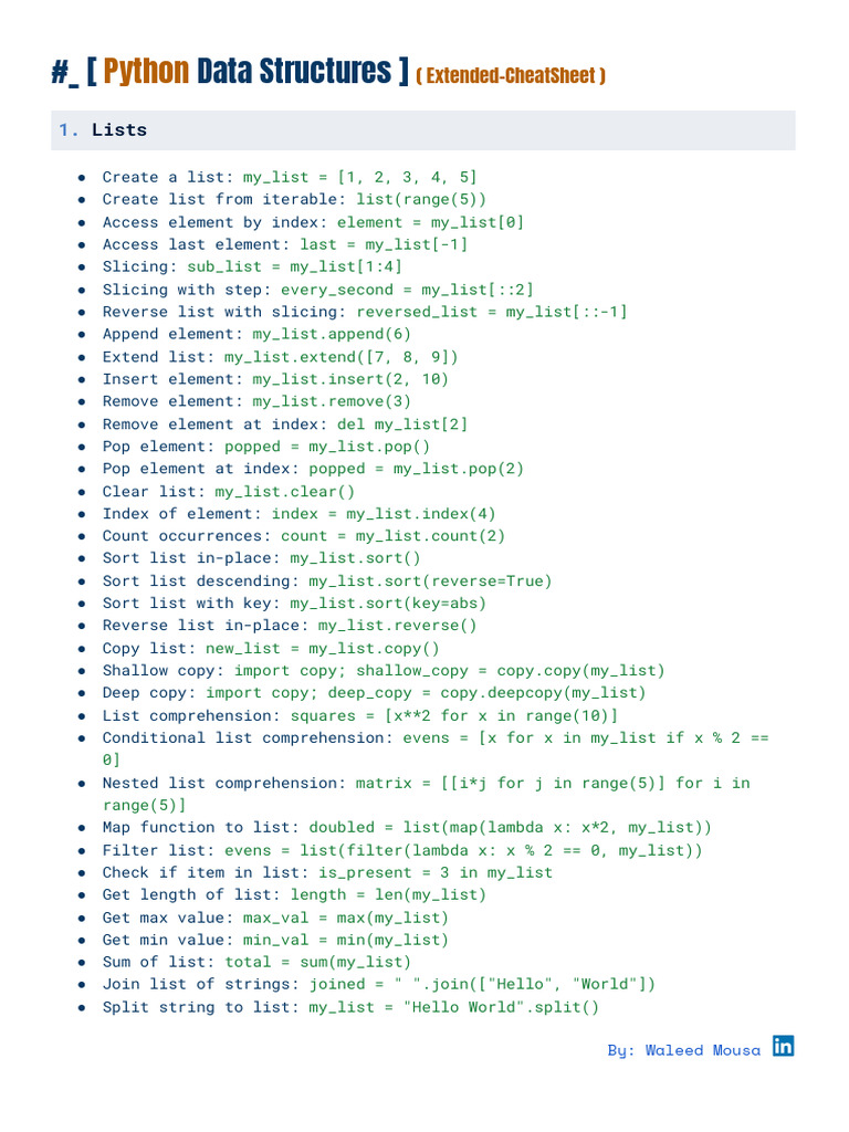 Python Data Structures Extended Cheatsheet Pdf
