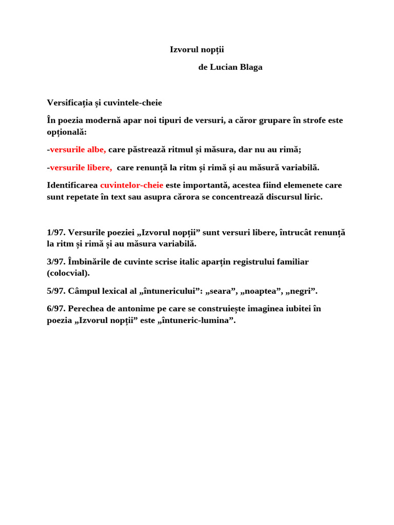 Izvorul Noptii, Clasa A VIII-A | PDF