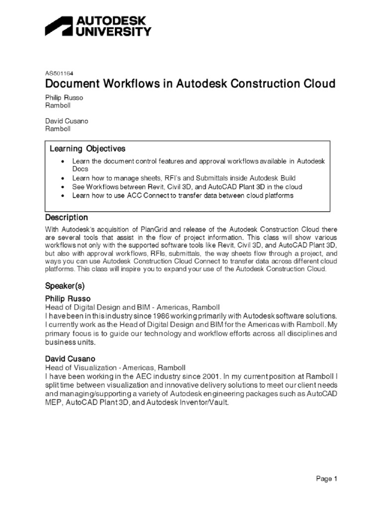 Document Workflows in Autodesk Construction Cloud - Autodesk University | PDF